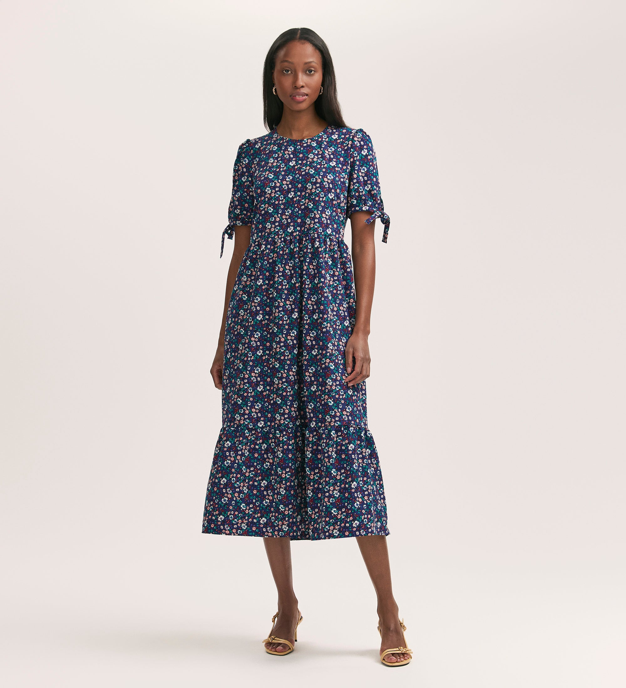 Demi Navy Ditsy Floral Crepe Tiered Midi Dress – Finery London