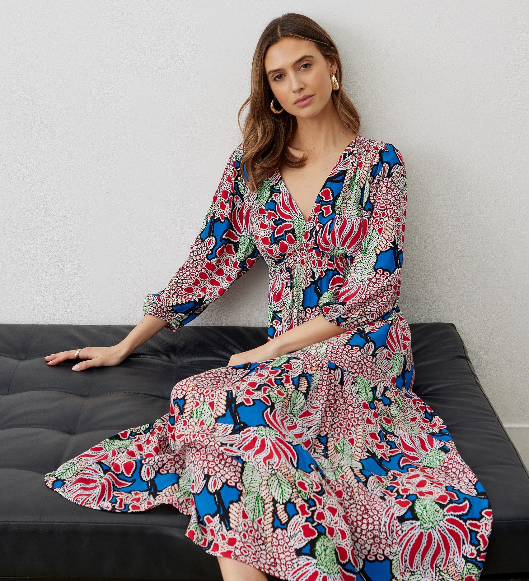 Lesley Red Bloom Crepe Midi Dress – Finery London