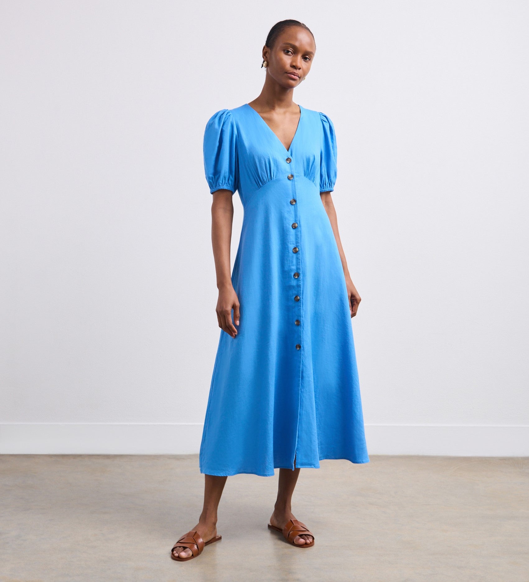 Sarah Azure Blue Linen Blend Midi Dress – Finery London