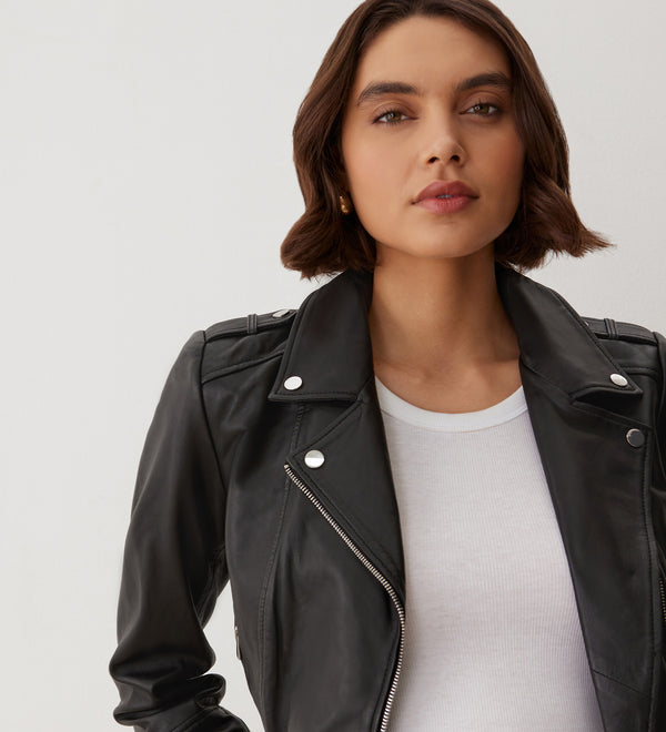 Faith Black Leather Biker Jacket – Finery London
