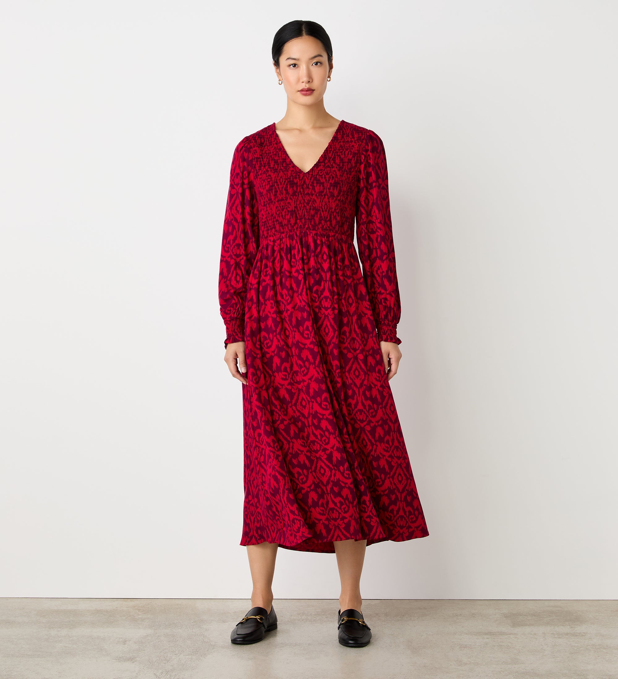 Tasmin Pink Ikat Long Sleeve Midi Dress – Finery London