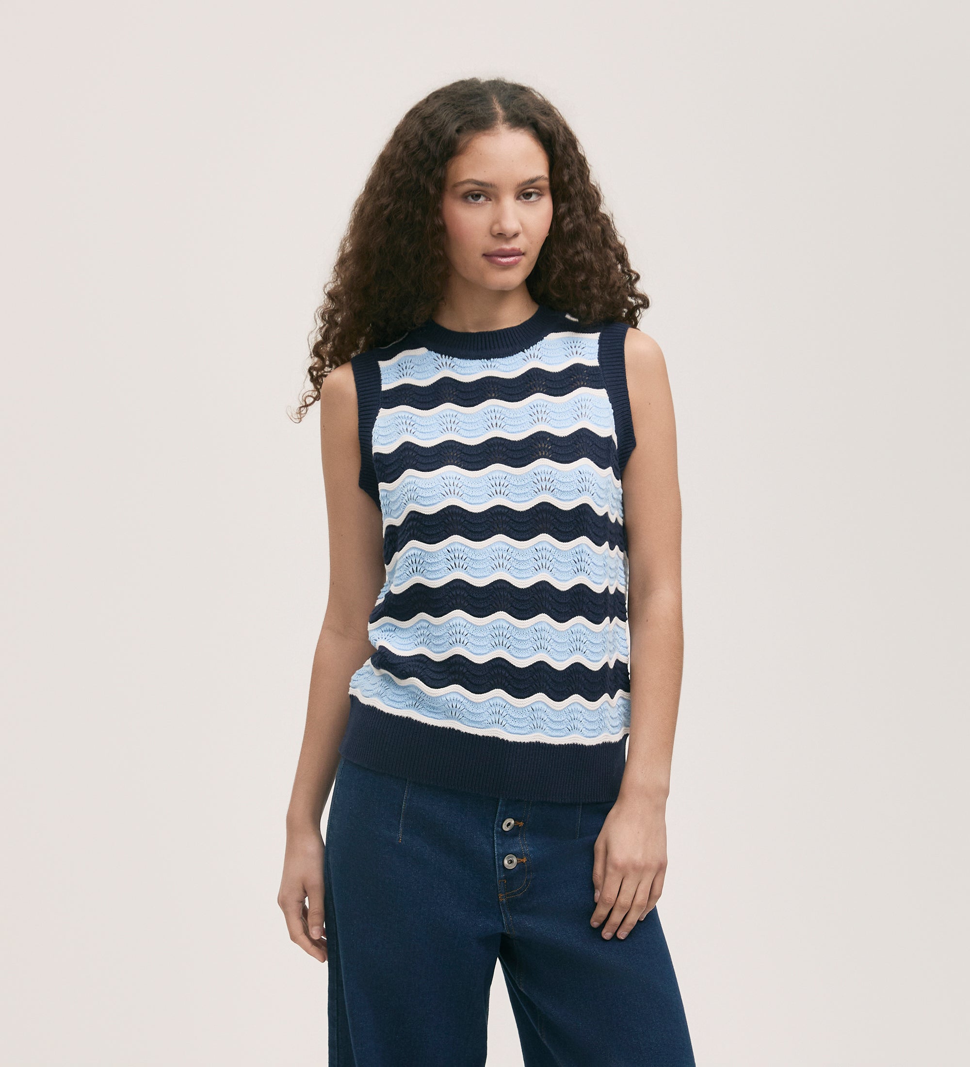 Taylor Blue Striped Crochet Vest – Finery London