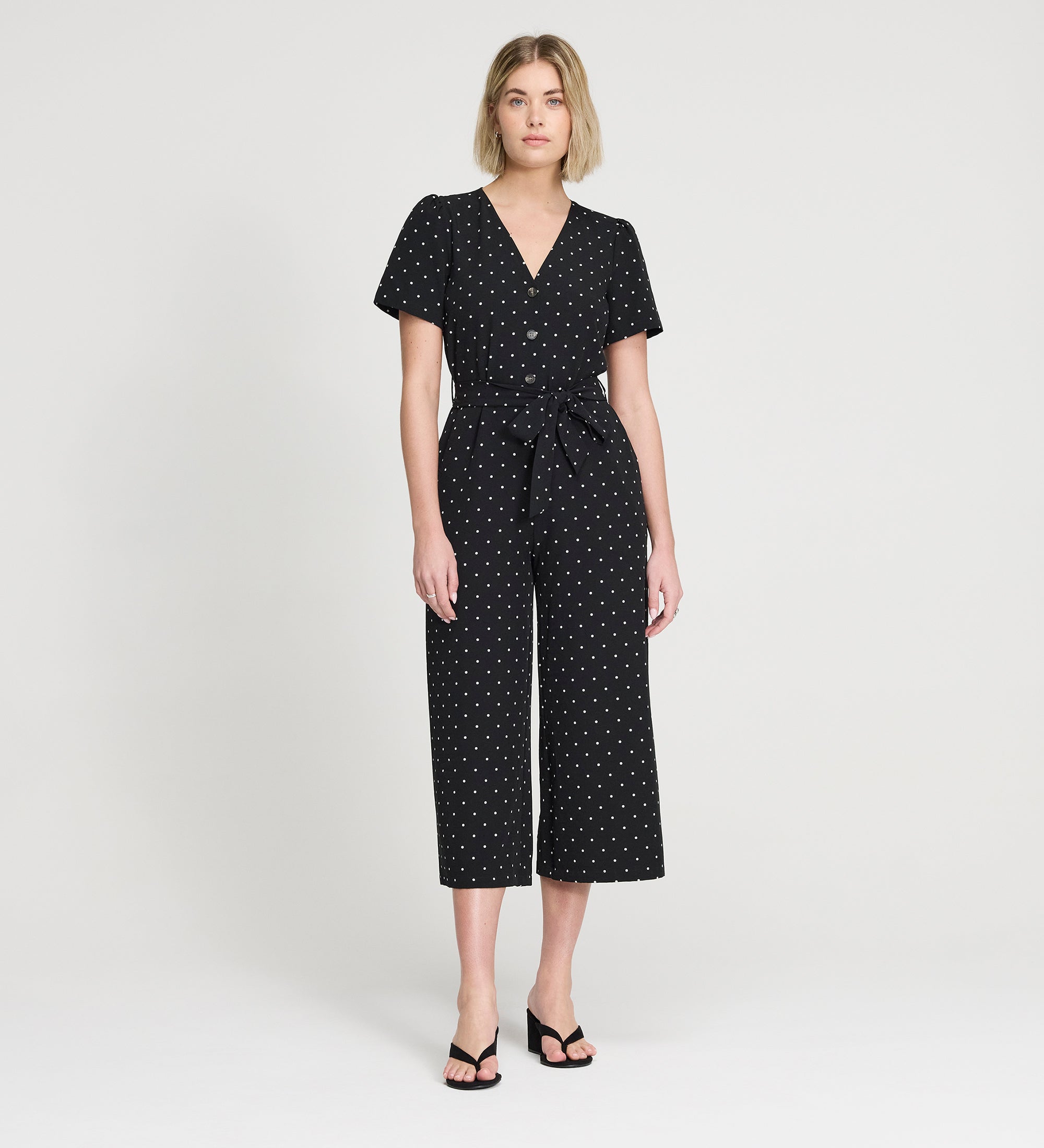 Uma Black Polka Dot Belted Wide Leg Jumpsuit | Finery London