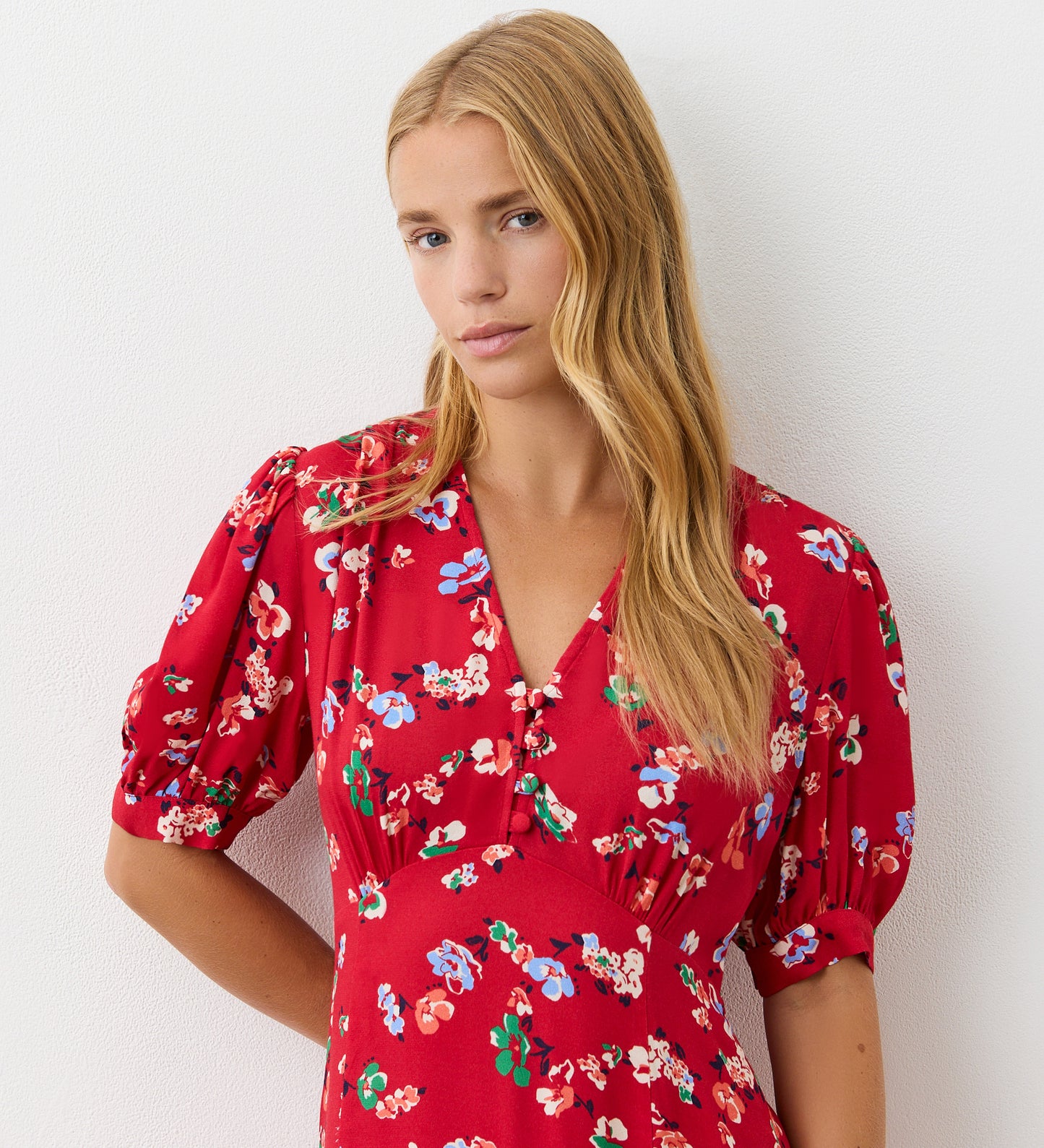 Colette Red Floral Crepe Midi Tea Dress – Finery London