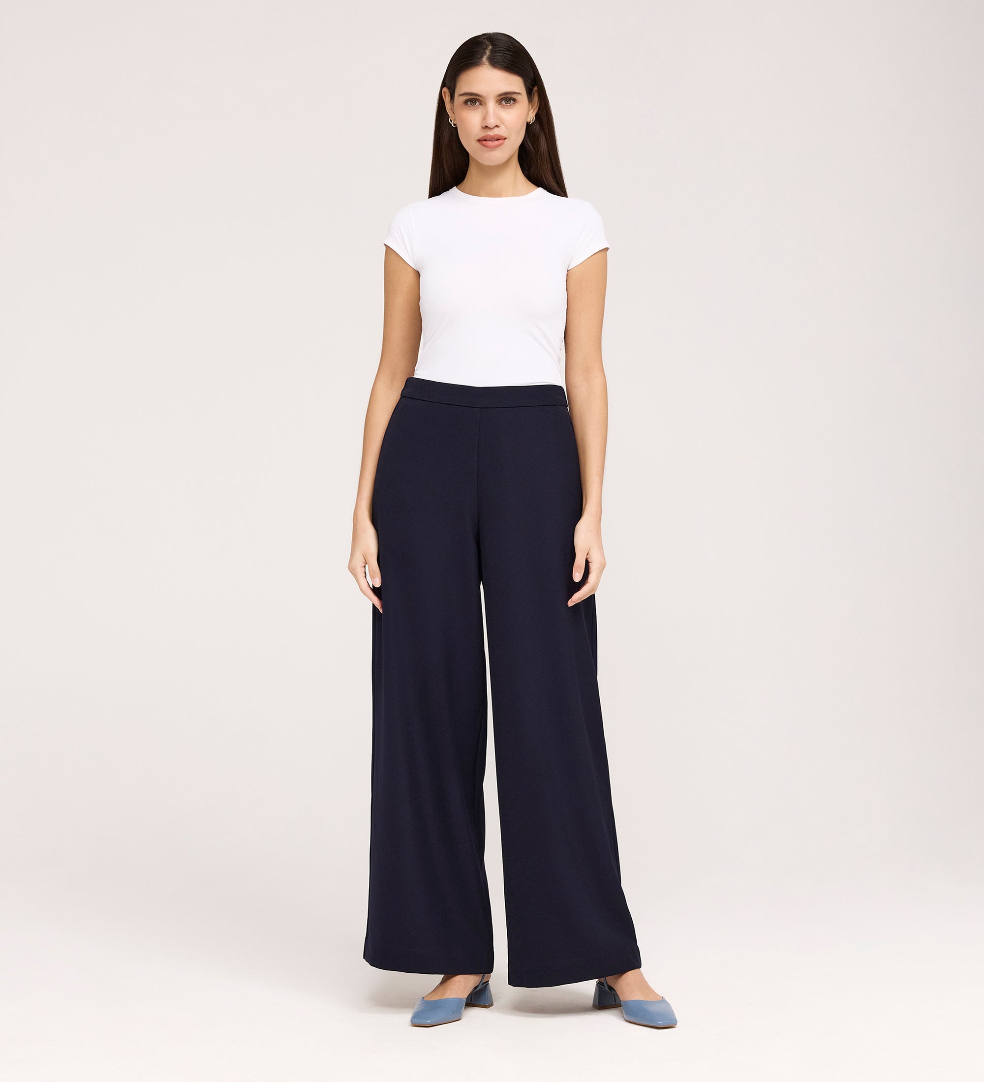 Nat Navy Gaberdine Twill Wide Leg Trousers – Finery London
