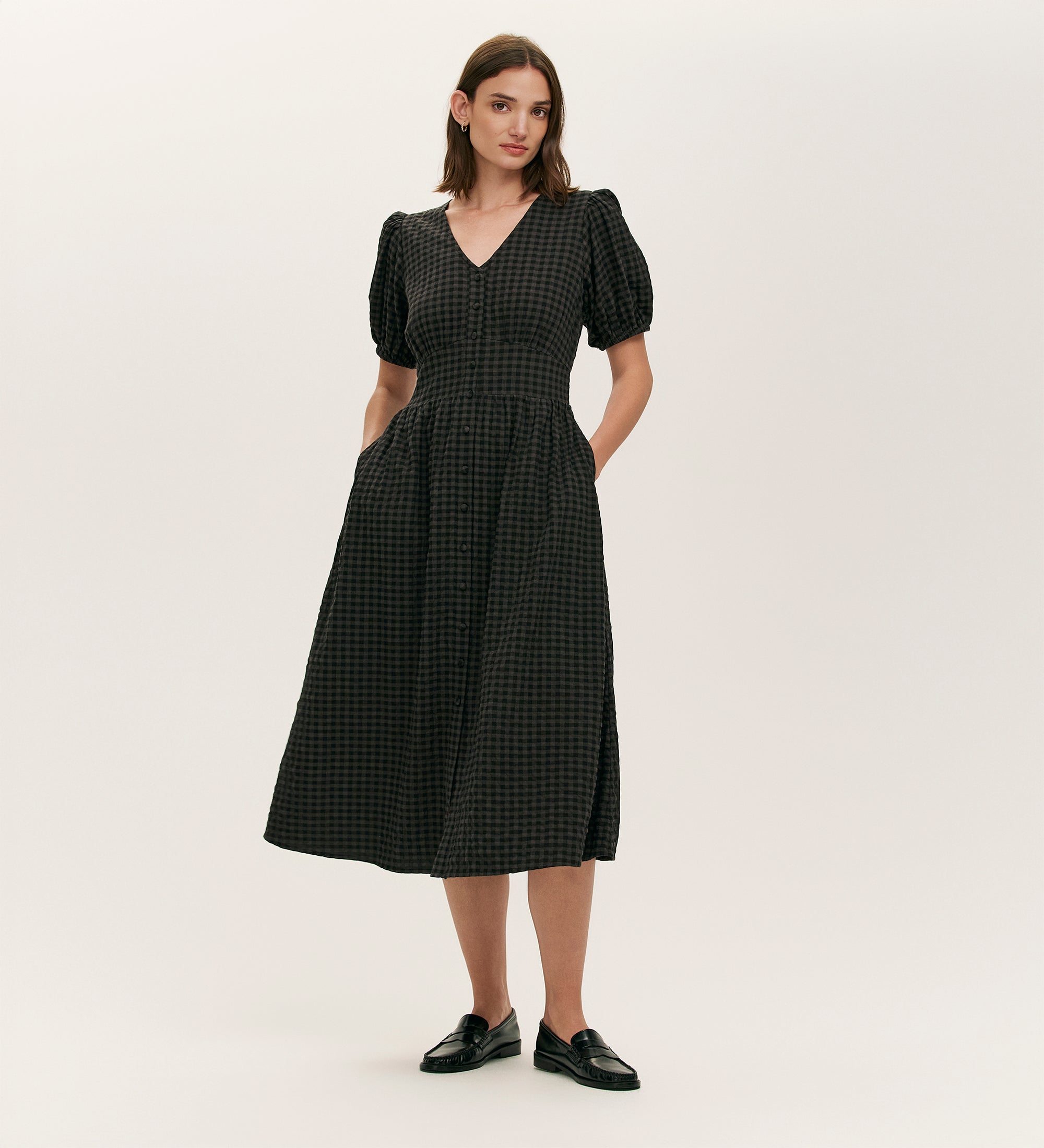 Addison Black Seersucker Midi Tea Dress – Finery London