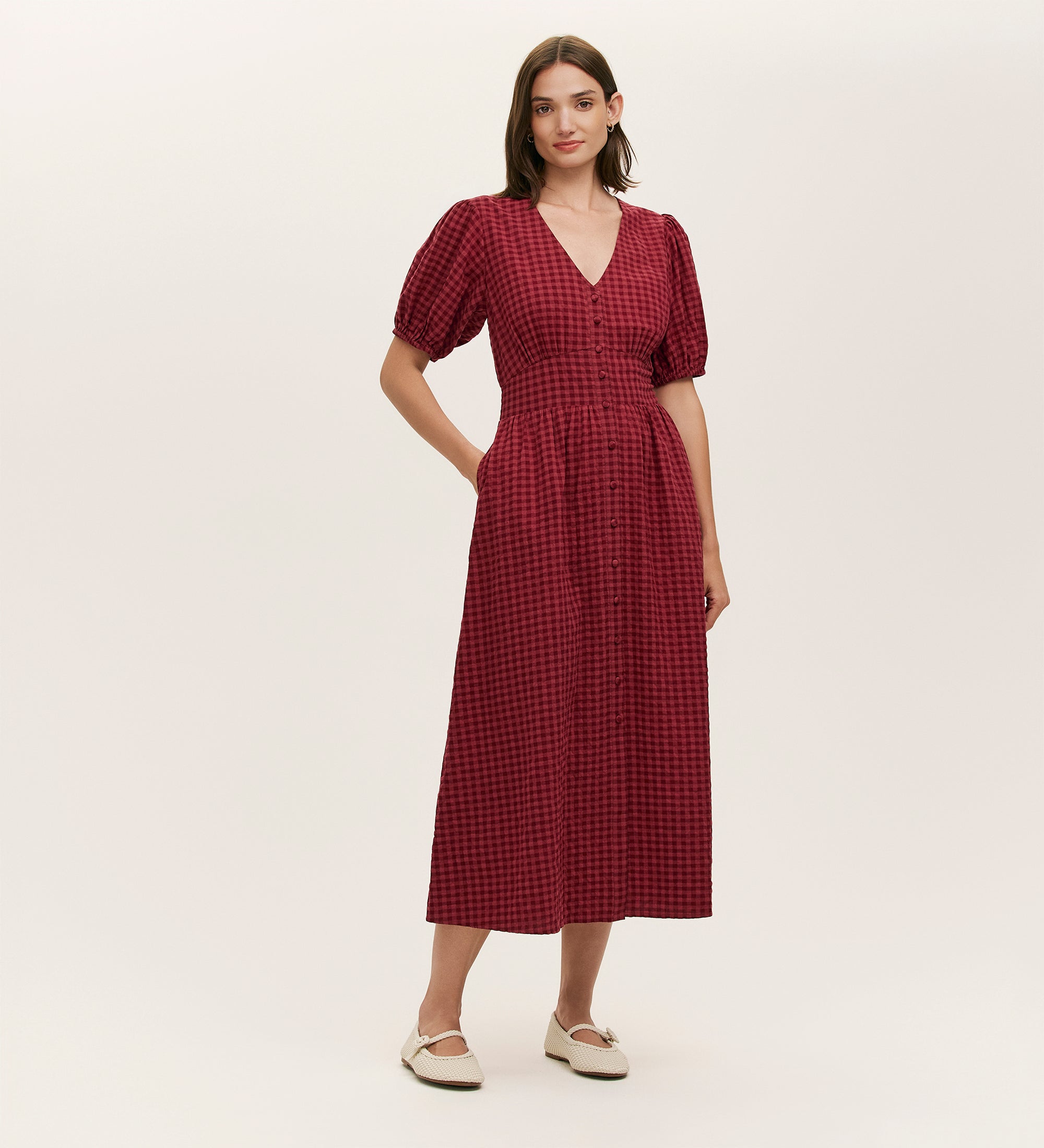 Addison Burgundy Seersucker Midi Tea Dress – Finery London
