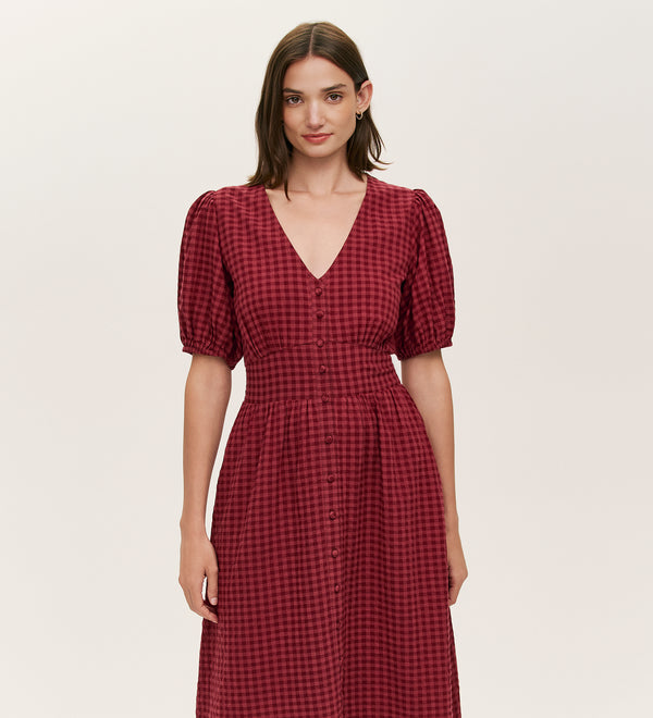 Addison Burgundy Seersucker Midi Tea Dress – Finery London