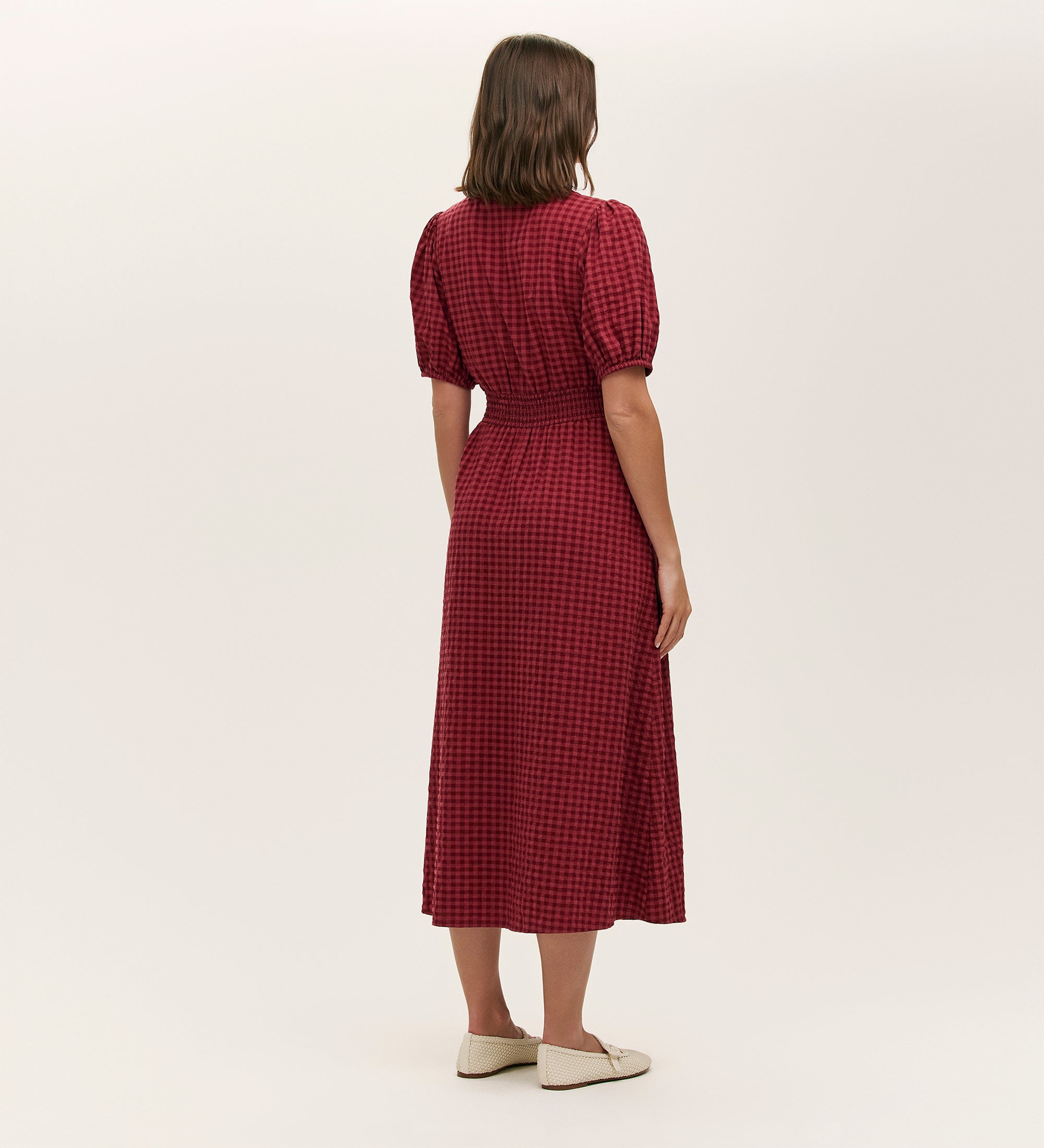 Addison Burgundy Seersucker Midi Tea Dress – Finery London