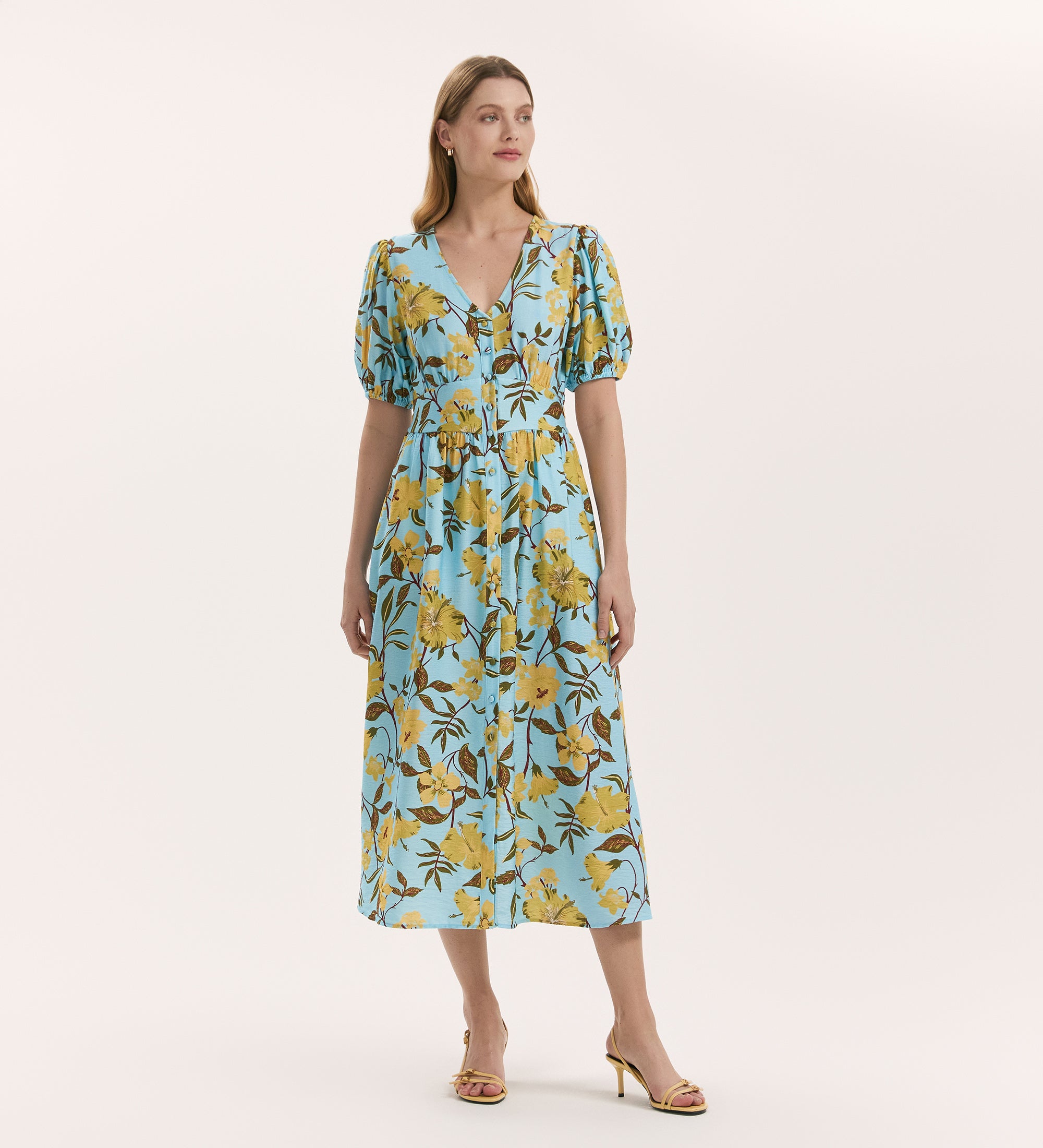 Addison Blue Floral Crepe Button Through Midi Dress – Finery London