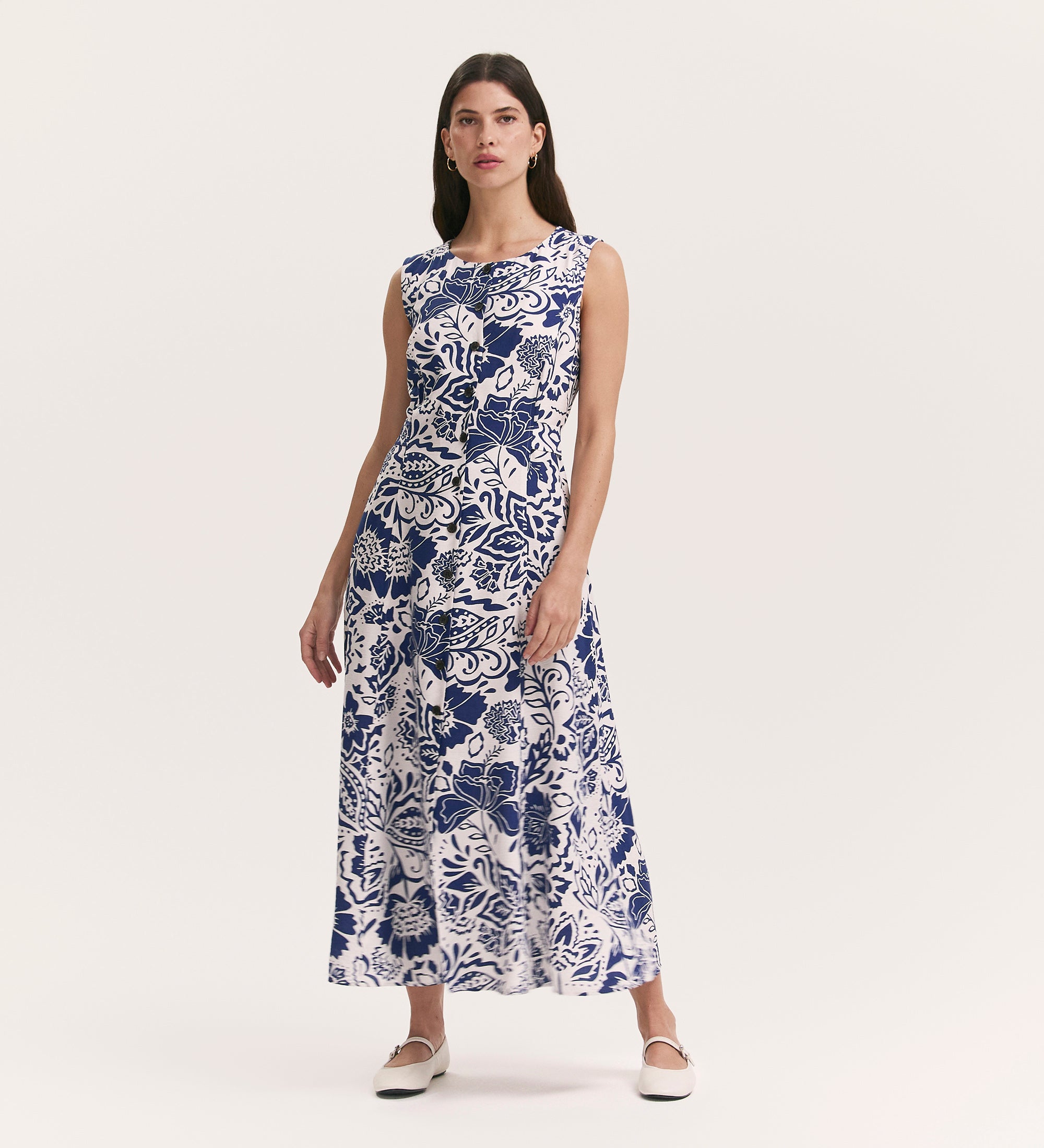 Aimee Navy Flower Button Through Sleeveless Midi Dress – Finery London