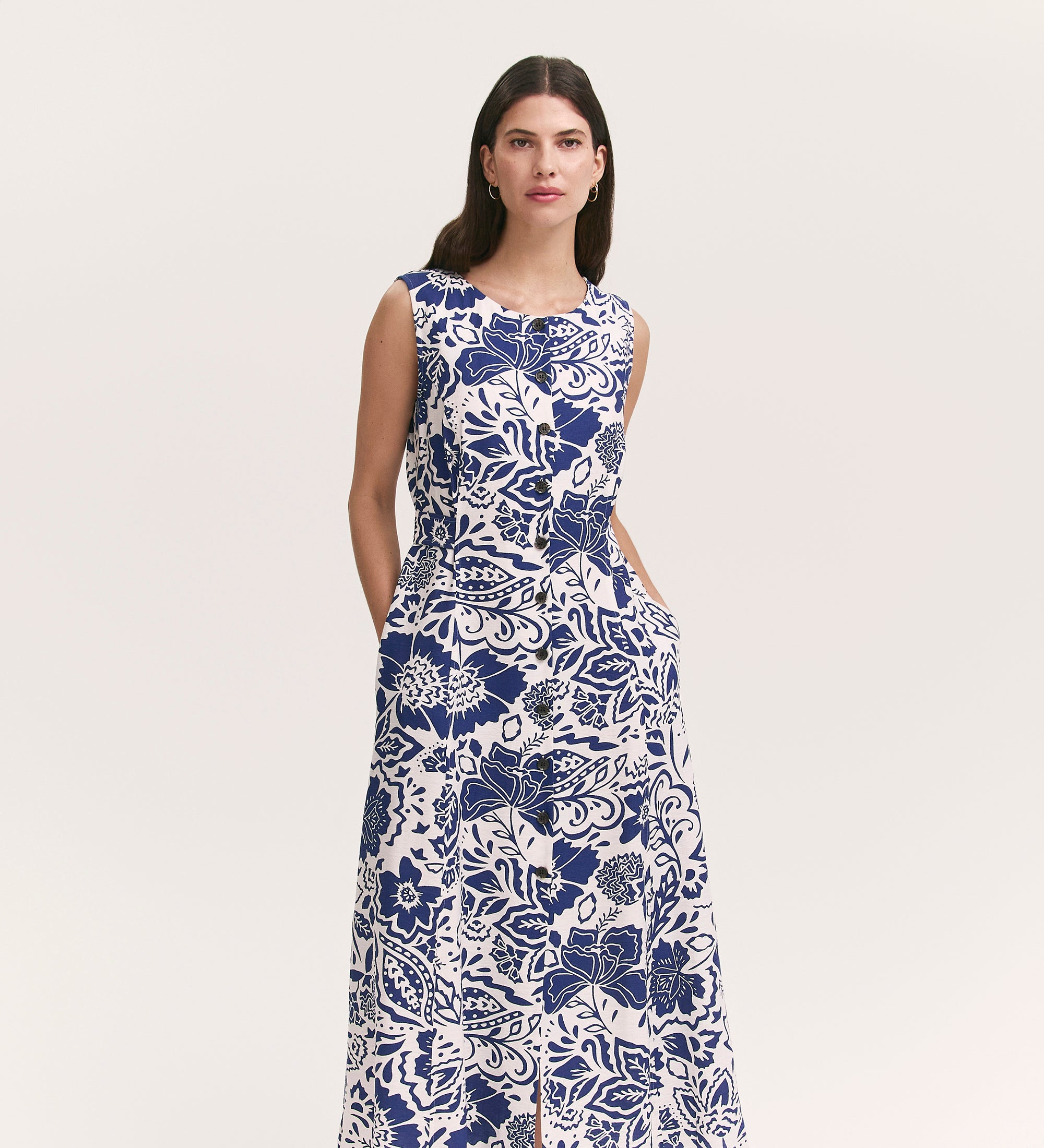 Aimee Navy Flower Button Through Sleeveless Midi Dress – Finery London