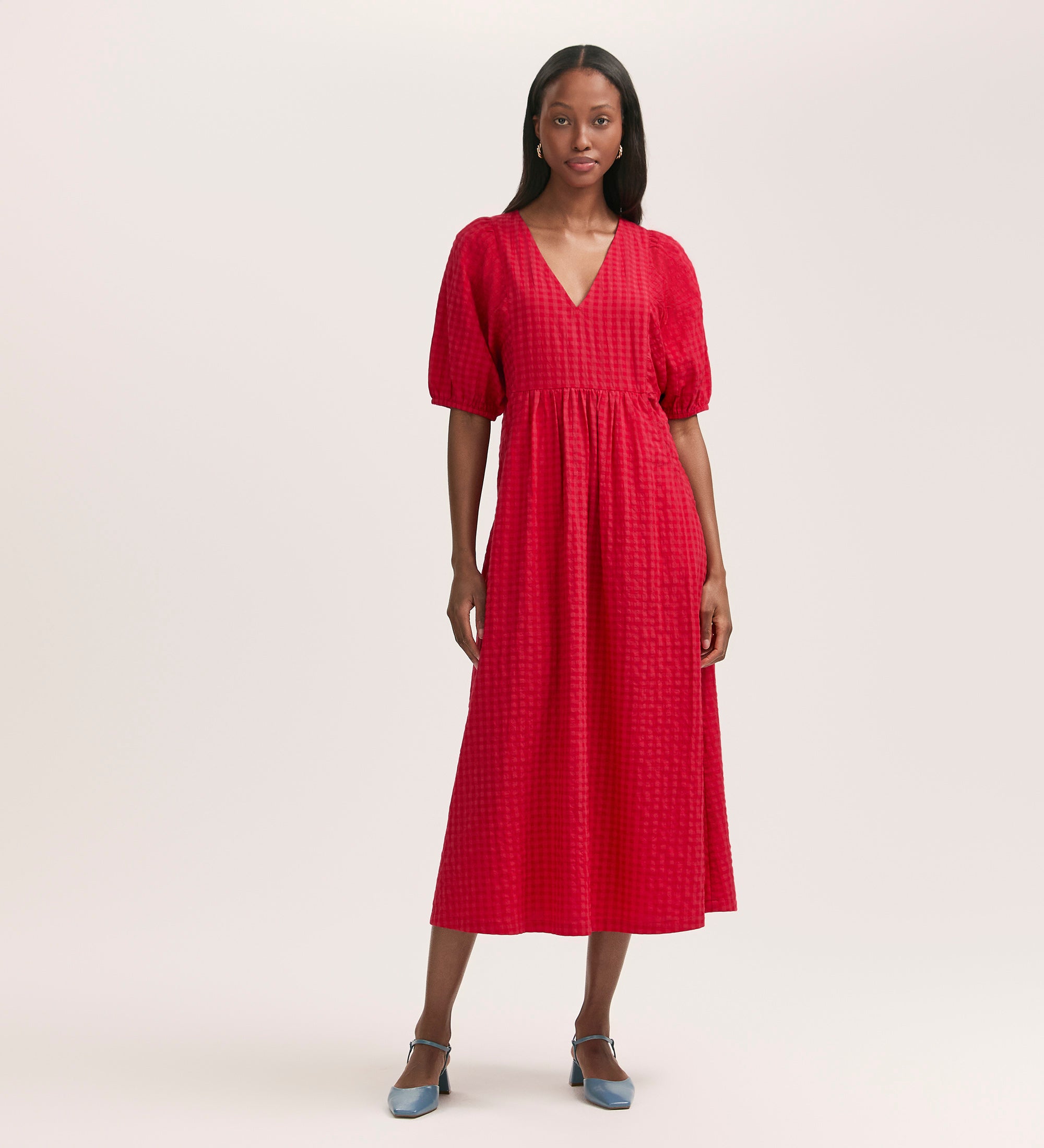 Chloe Red Gingham Seersucker Midi Dress – Finery London