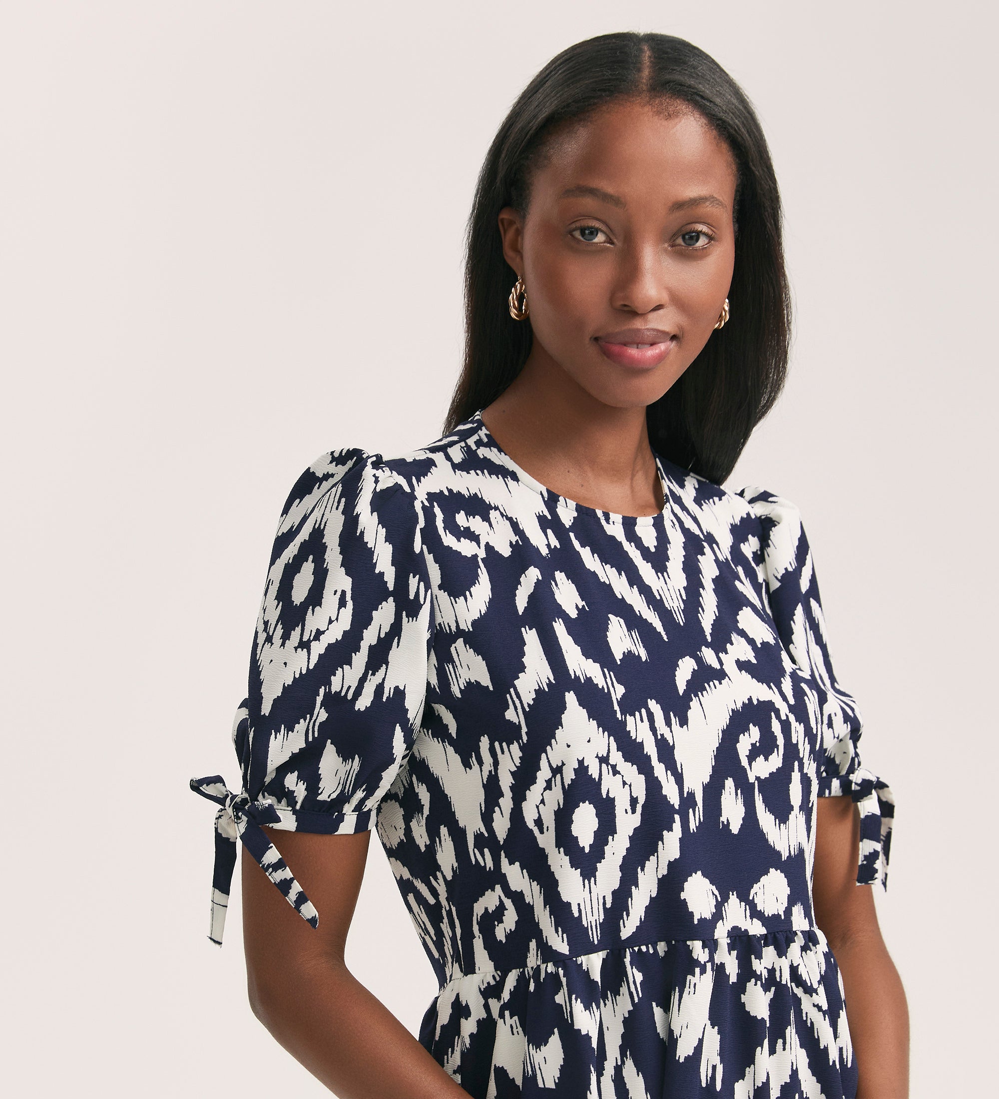 Demi Navy Ikat Crepe Tiered Midi Dress – Finery London