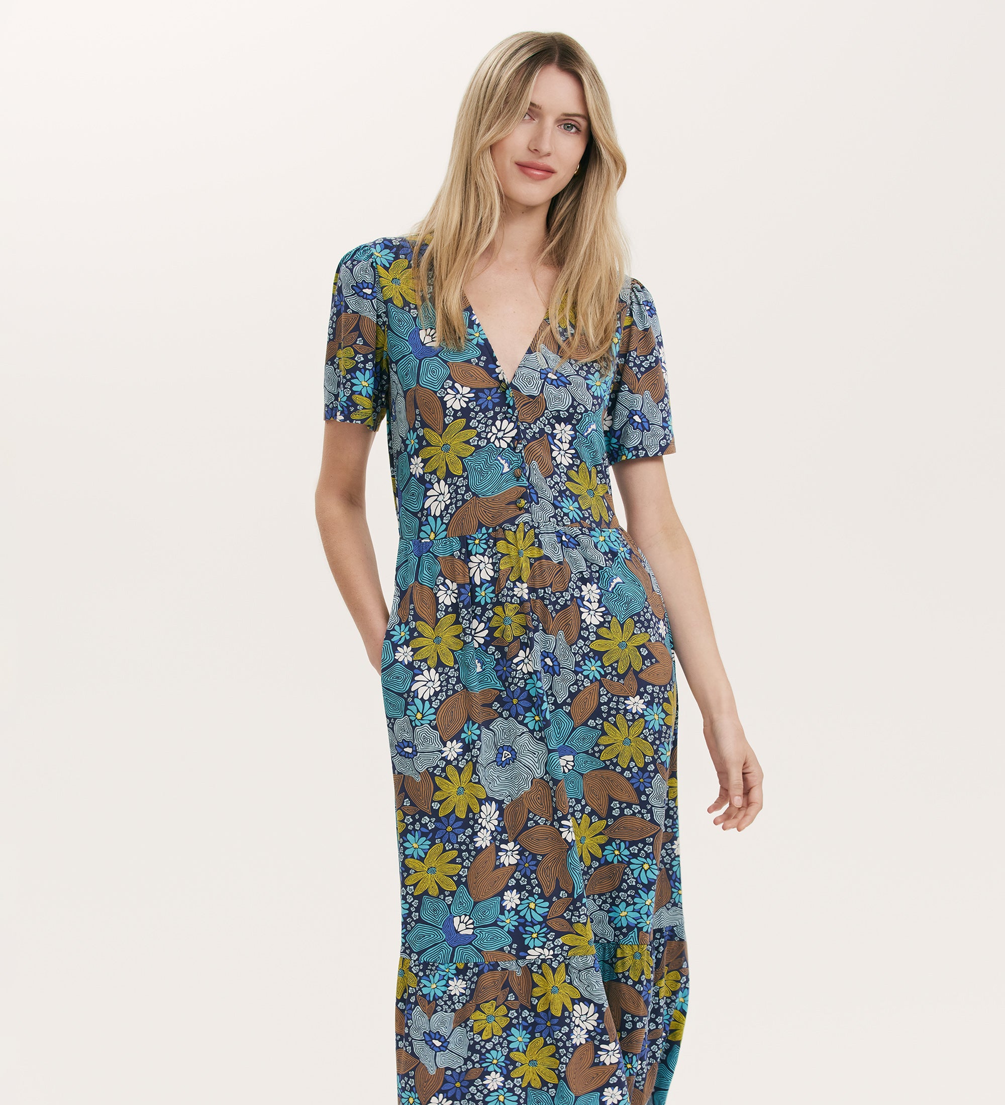 Edith Blue Floral Jersey Midi Dress – Finery London