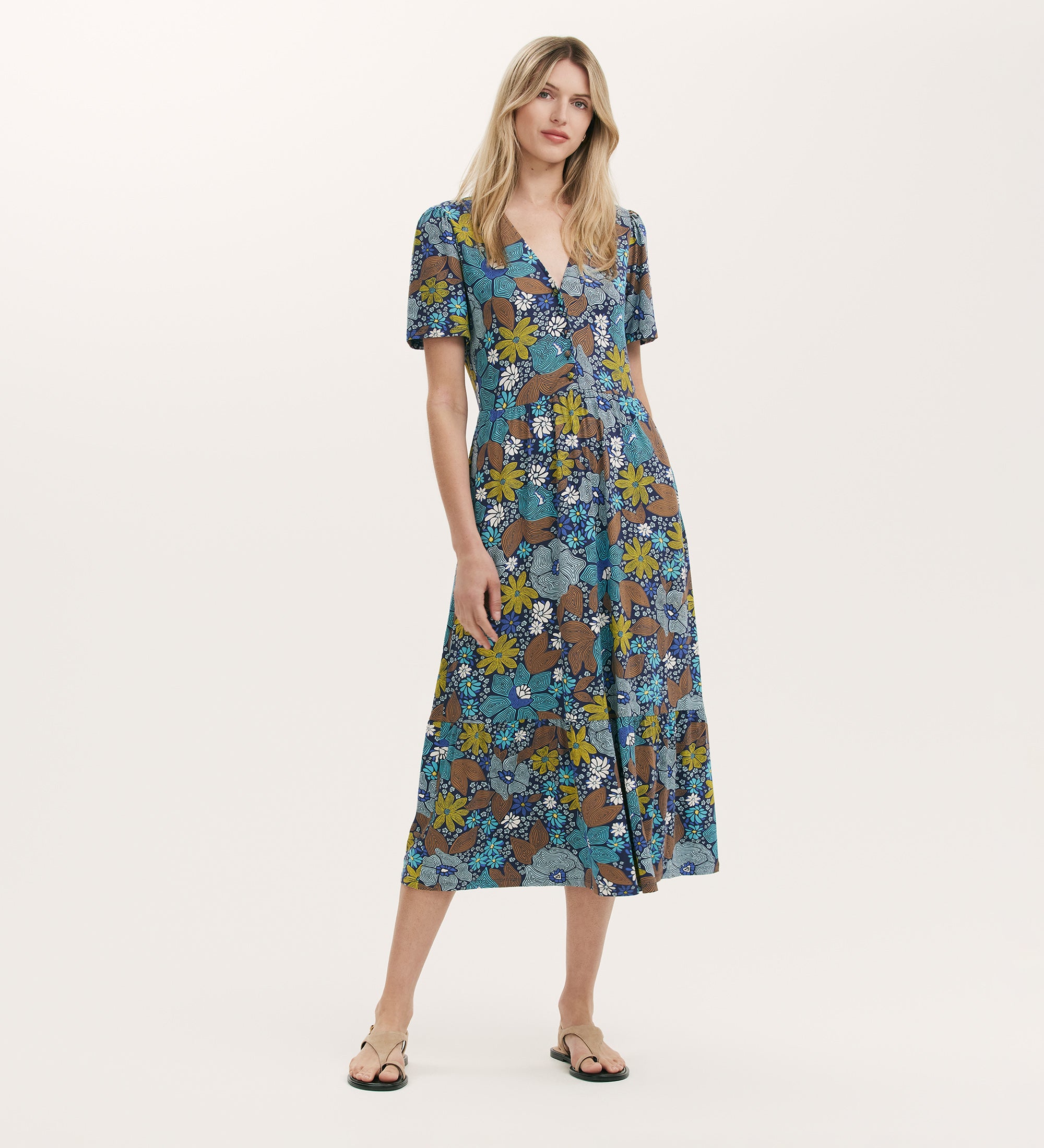 Edith Blue Floral Jersey Midi Dress – Finery London