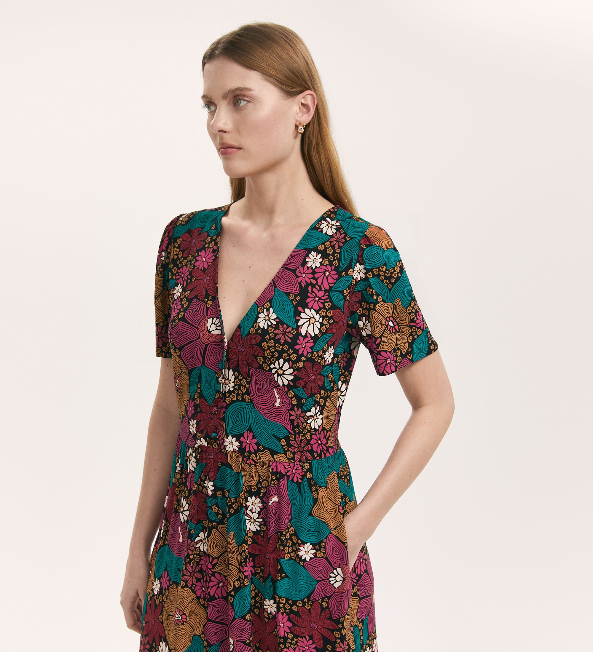 Edith Pink Floral Jersey Midi Dress – Finery London