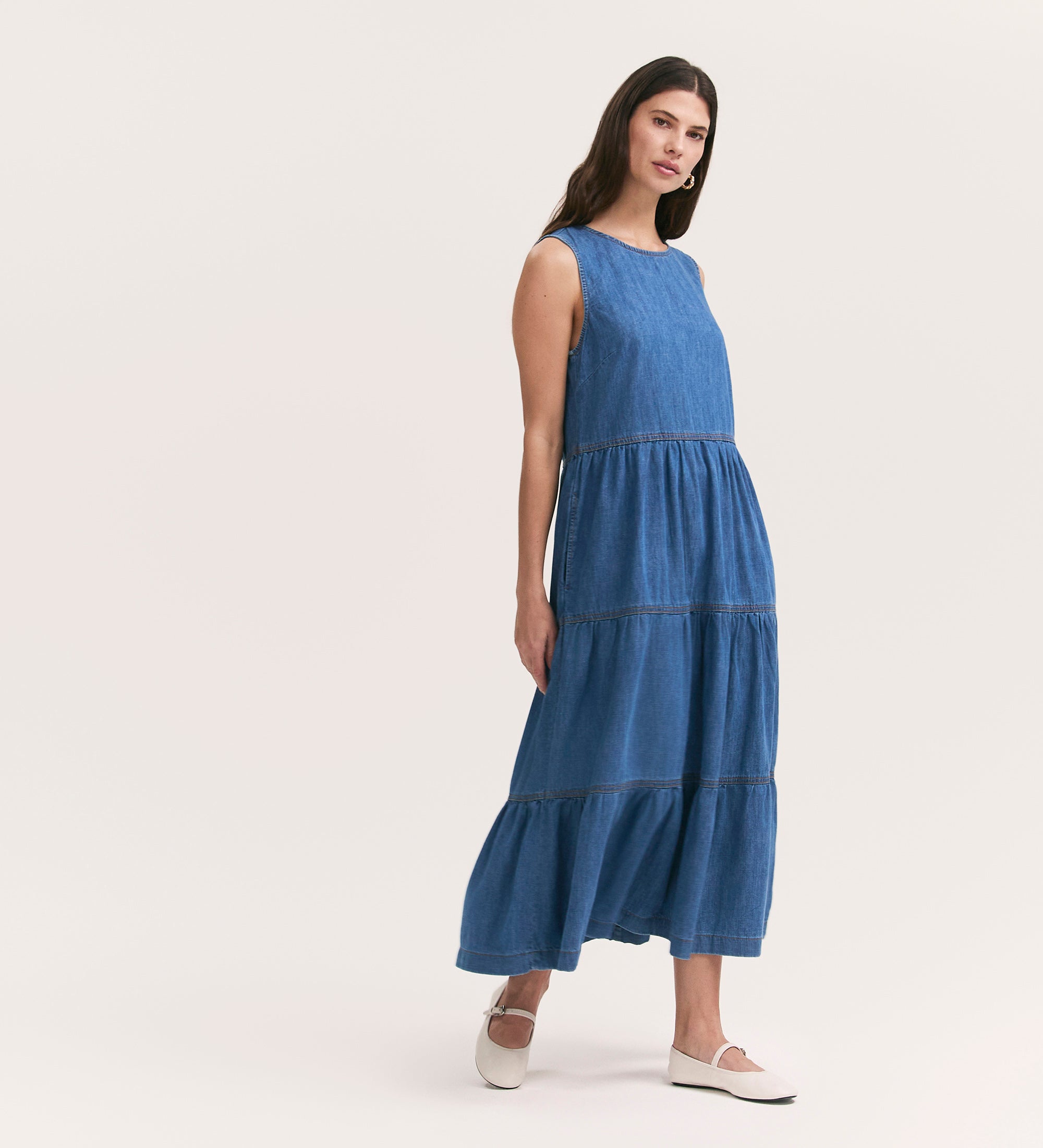 Essie Mid Blue Denim Sleeveless Midi Tiered Dress – Finery London