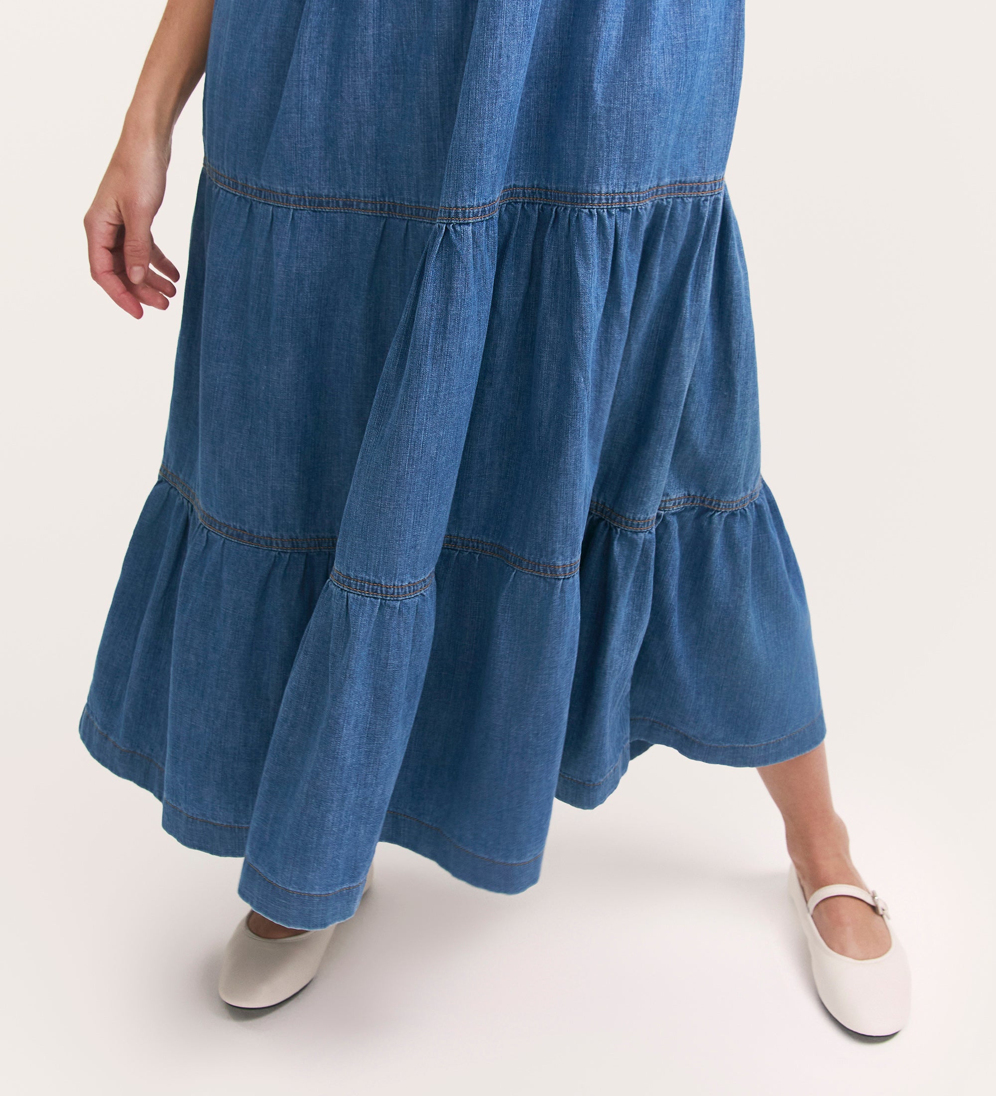 Essie Mid Blue Denim Sleeveless Midi Tiered Dress – Finery London