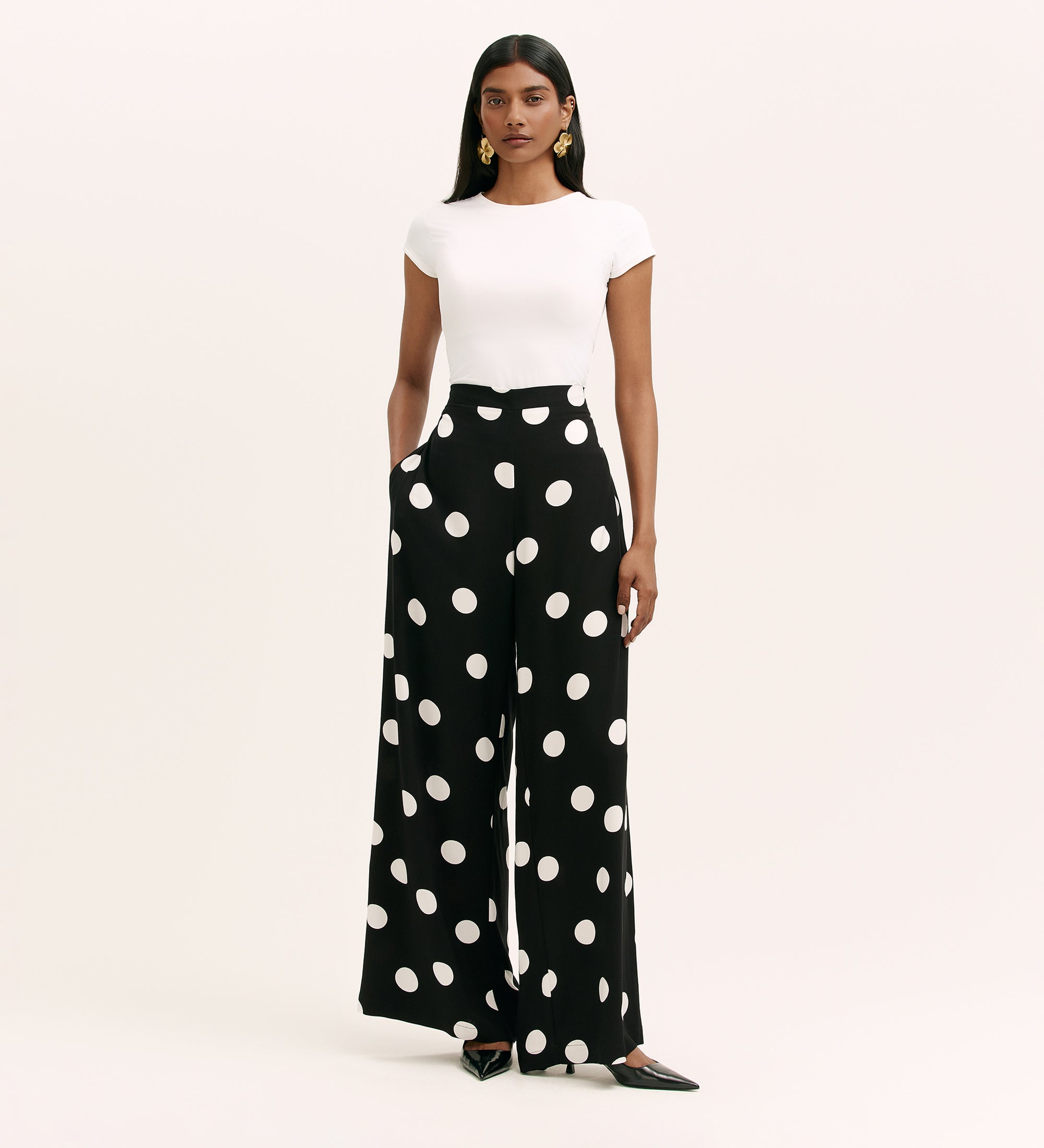 Nat Black Polka Dot Spun Wide Leg Trousers – Finery London