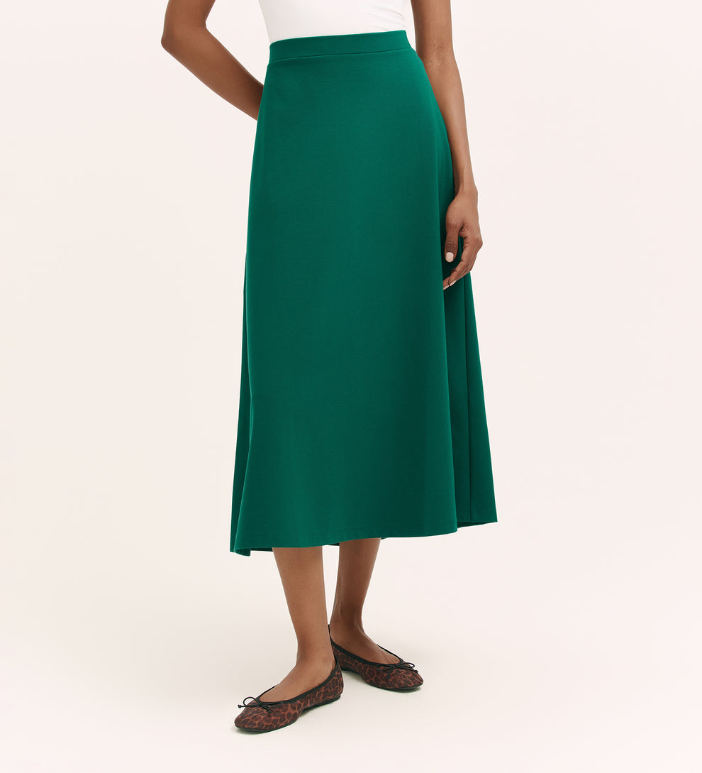 Ruth Bottle Green Ponte Jersey Midi Skirt – Finery London