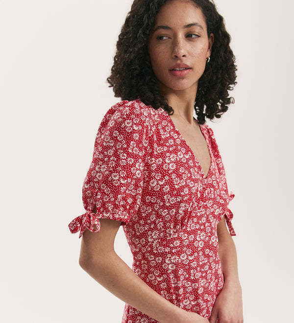Gabriella Red Daisy Crepe Midi Tea Dress – Finery London