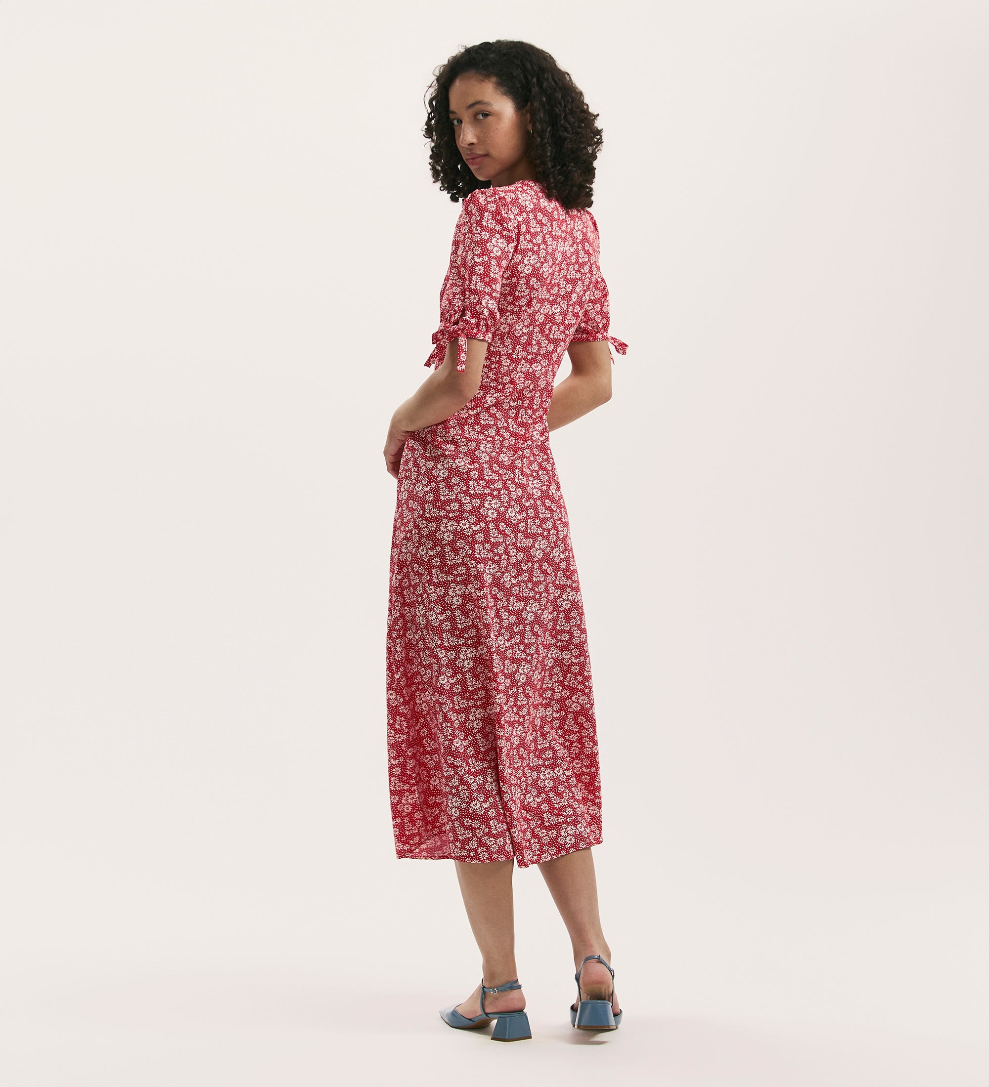 Gabriella Red Daisy Crepe Midi Tea Dress – Finery London