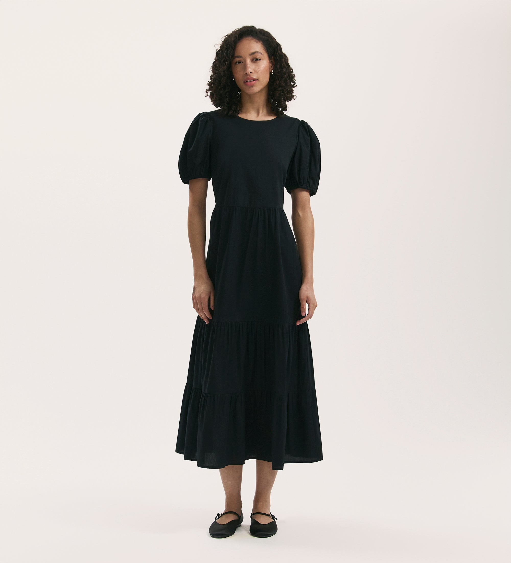 Genevive Black Cotton Midi Tiered Dress – Finery London