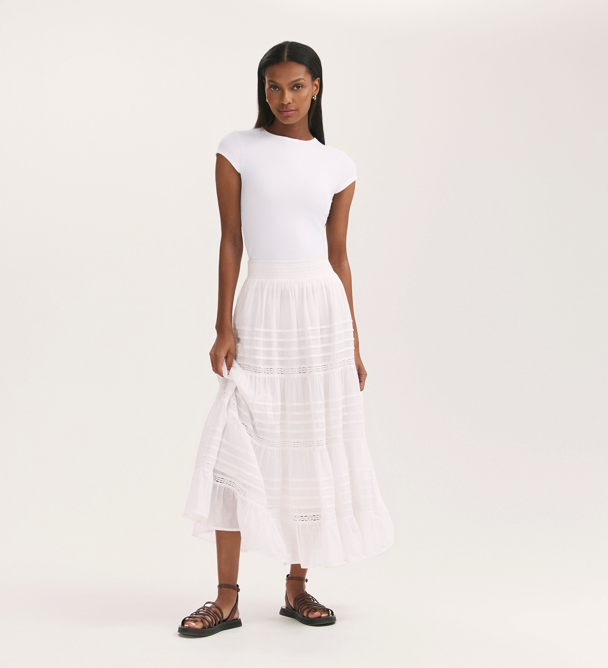 Imani White Cotton Lace Trim Midi Skirt – Finery London