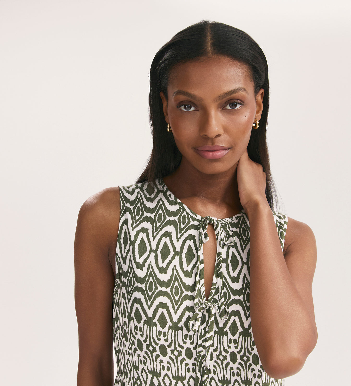 Larissa Khaki Tribal Tie Front Midi Dress – Finery London