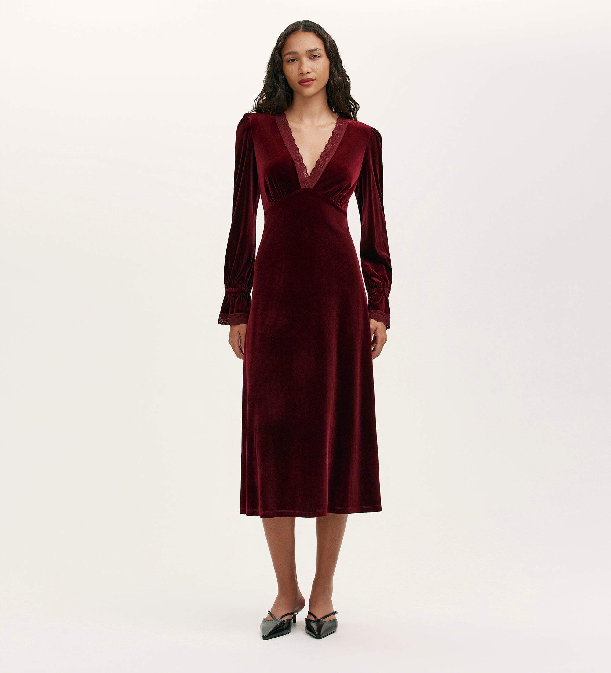 Louise Burgundy Velvet Midi Dress – Finery London