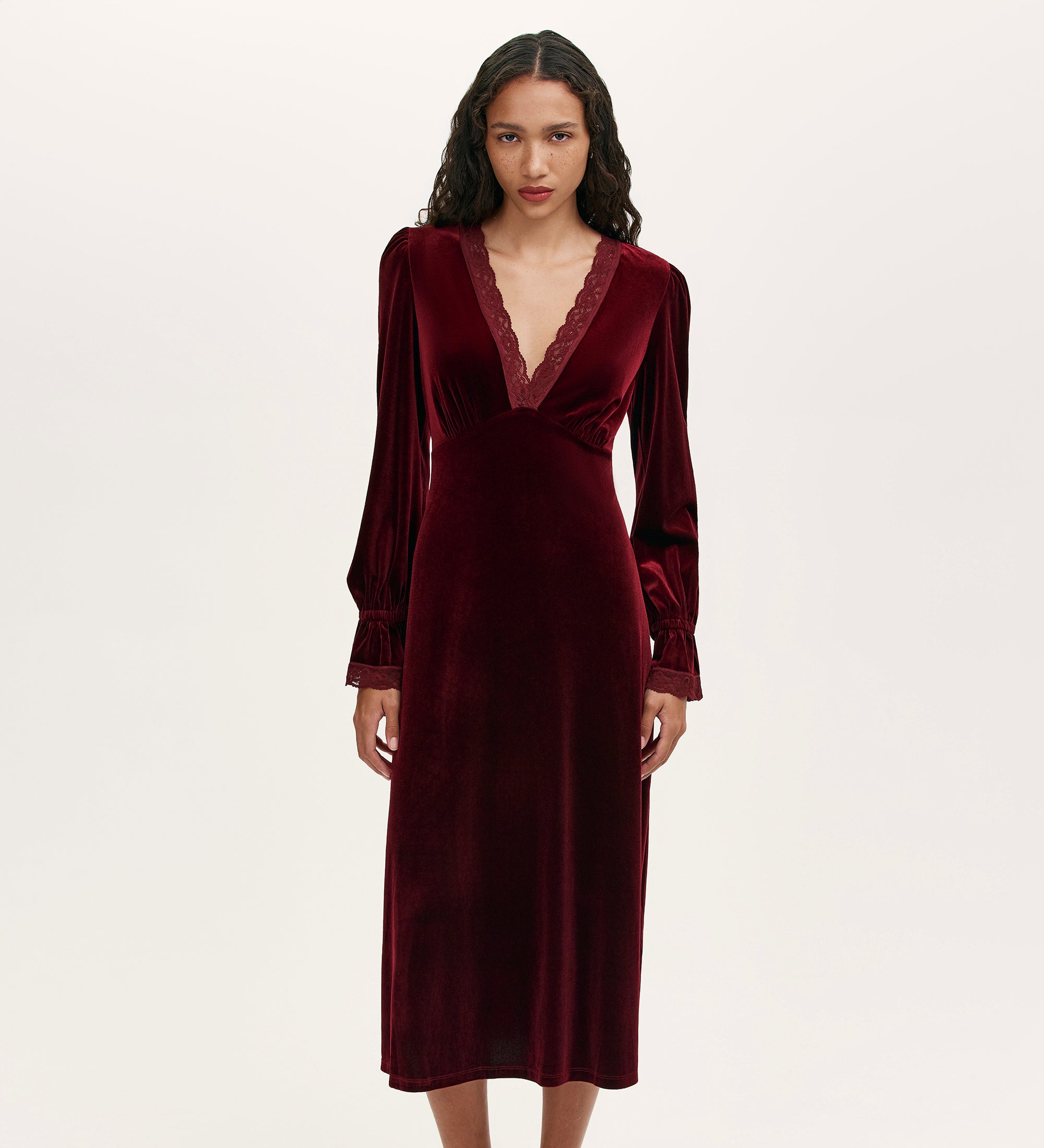 Louise Burgundy Velvet Midi Dress – Finery London