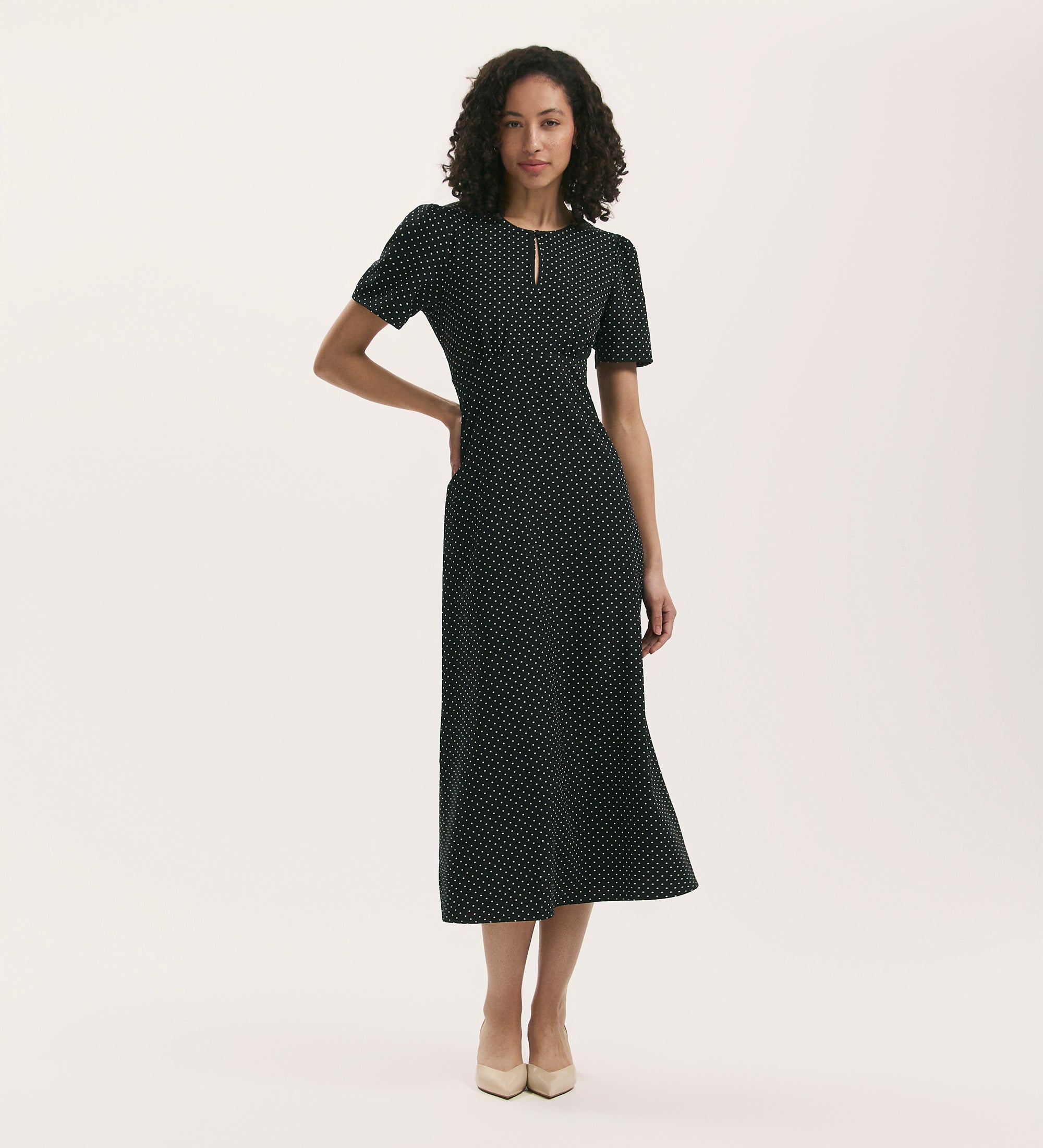 Marie Black Polka Dot Crepe Midi Tea Dress – Finery London