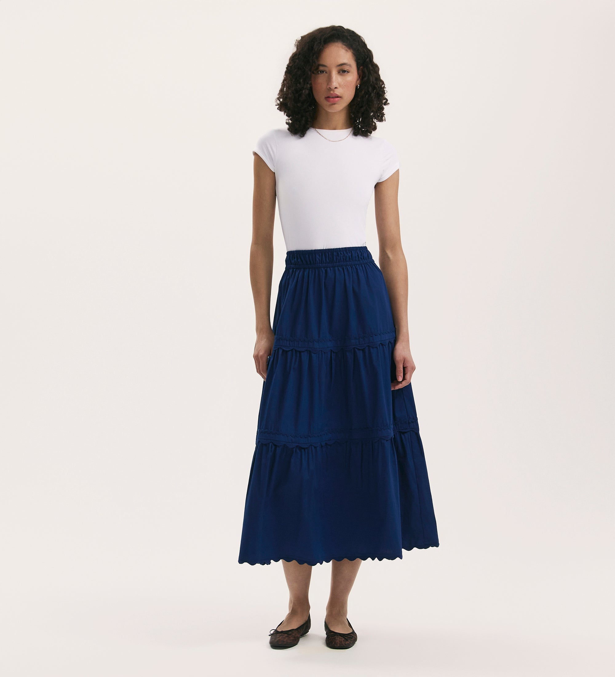 Paula Indigo Cotton Ric Rac Trim Midi Skirt – Finery London