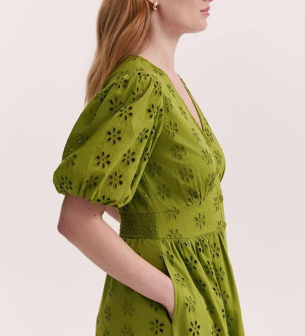 Una Embroidered Cotton Light Green Midi Tea Dress – Finery London