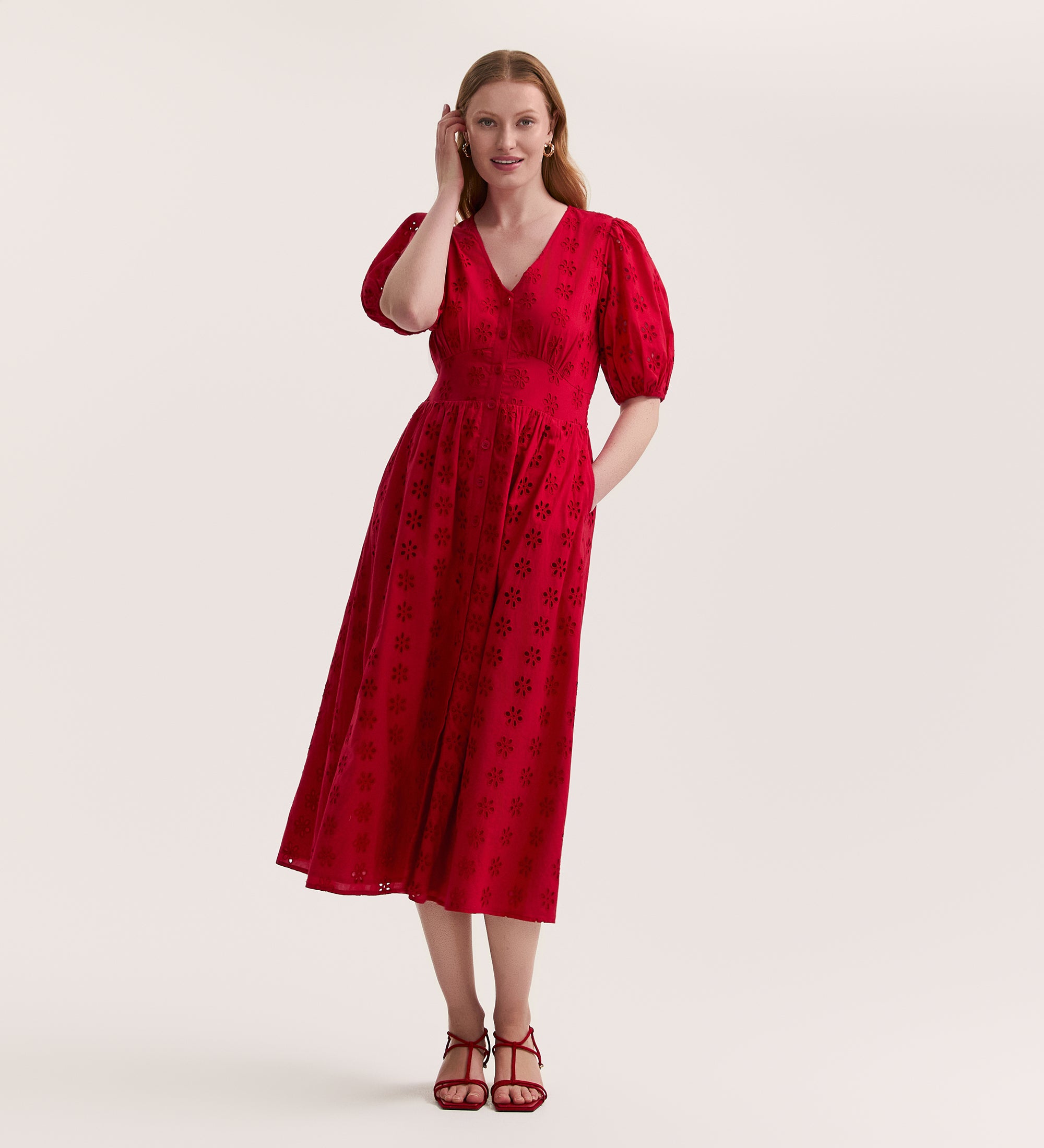 Una Embroidered Cotton Red Midi Tea Dress – Finery London