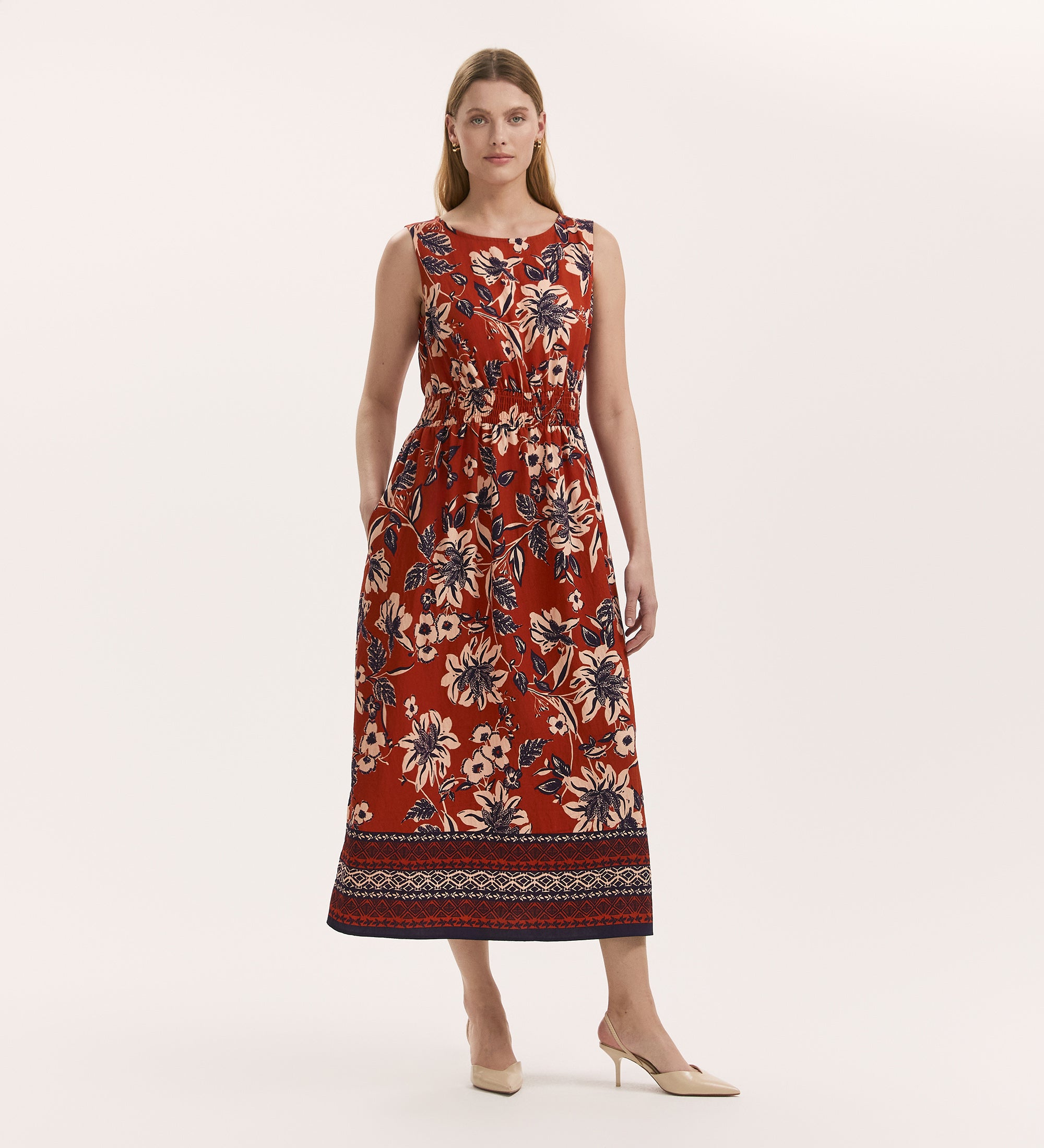 Willow Rust Floral Sleeveless Midi Dress – Finery London