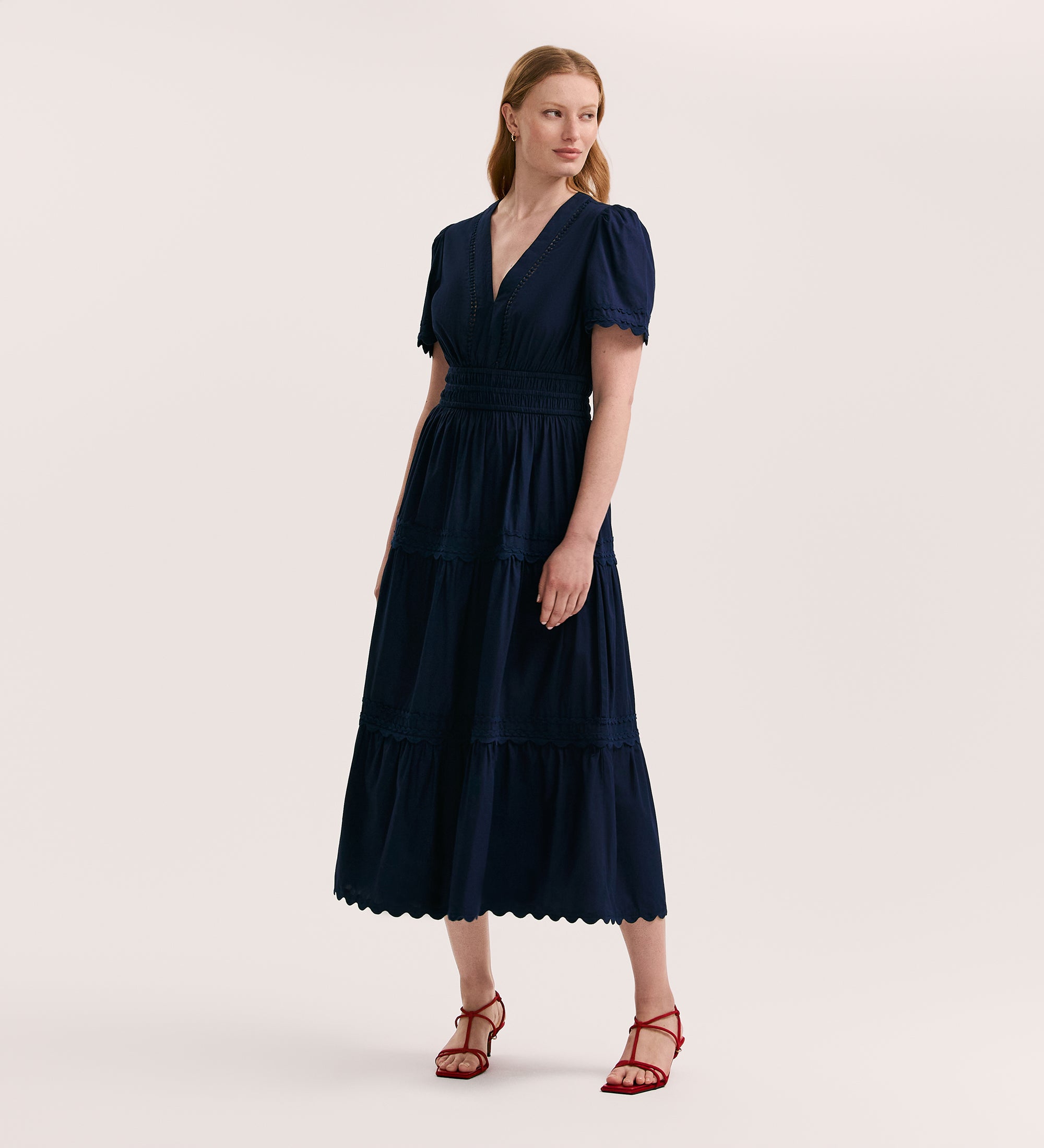 Wren Navy Cotton Midi Tiered Dress – Finery London