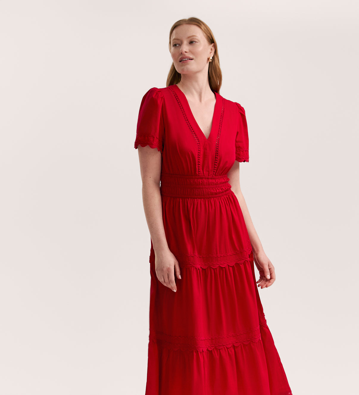 Wren Red Cotton Midi Tiered Dress – Finery London