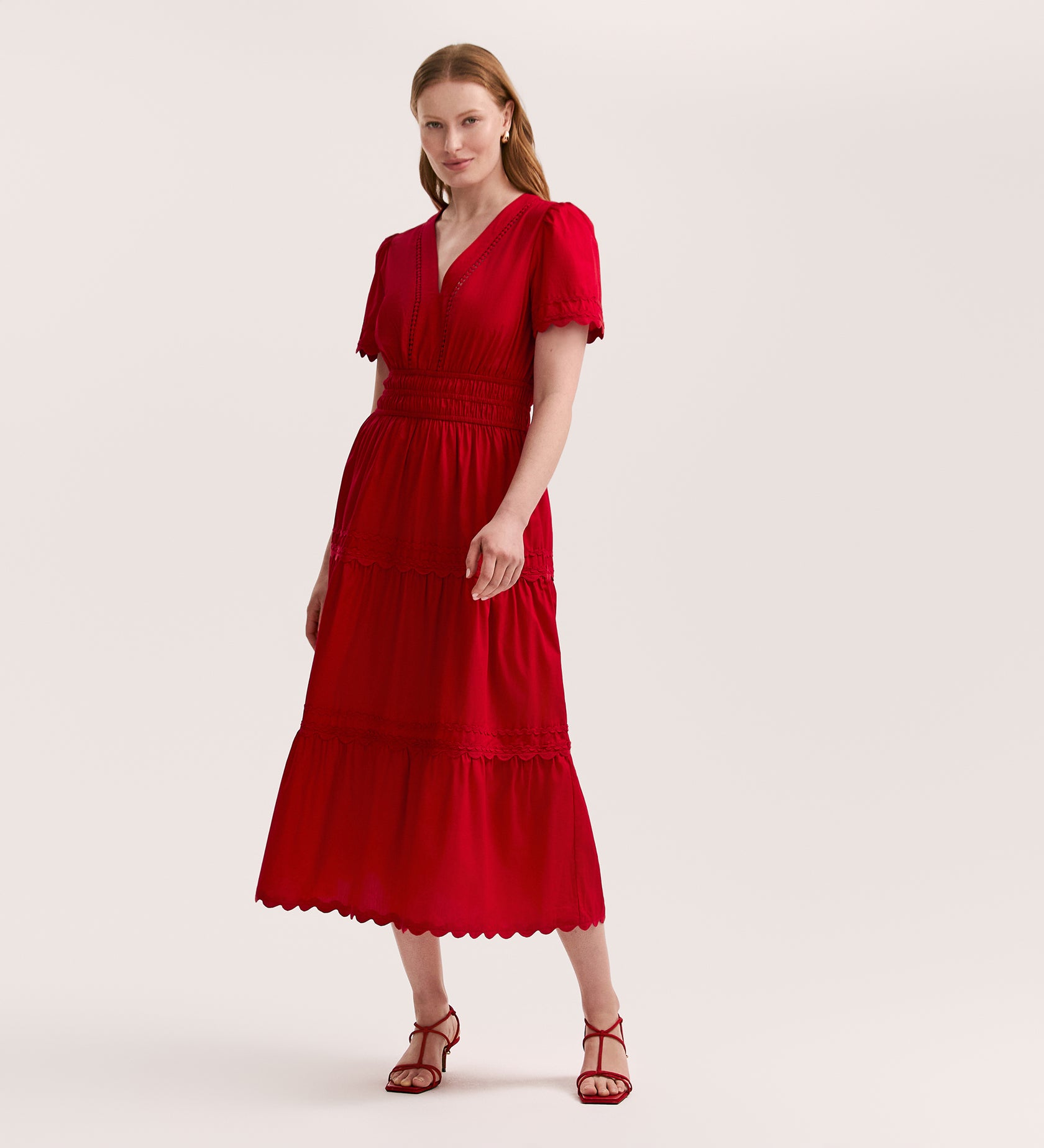 Wren Red Cotton Midi Tiered Dress – Finery London