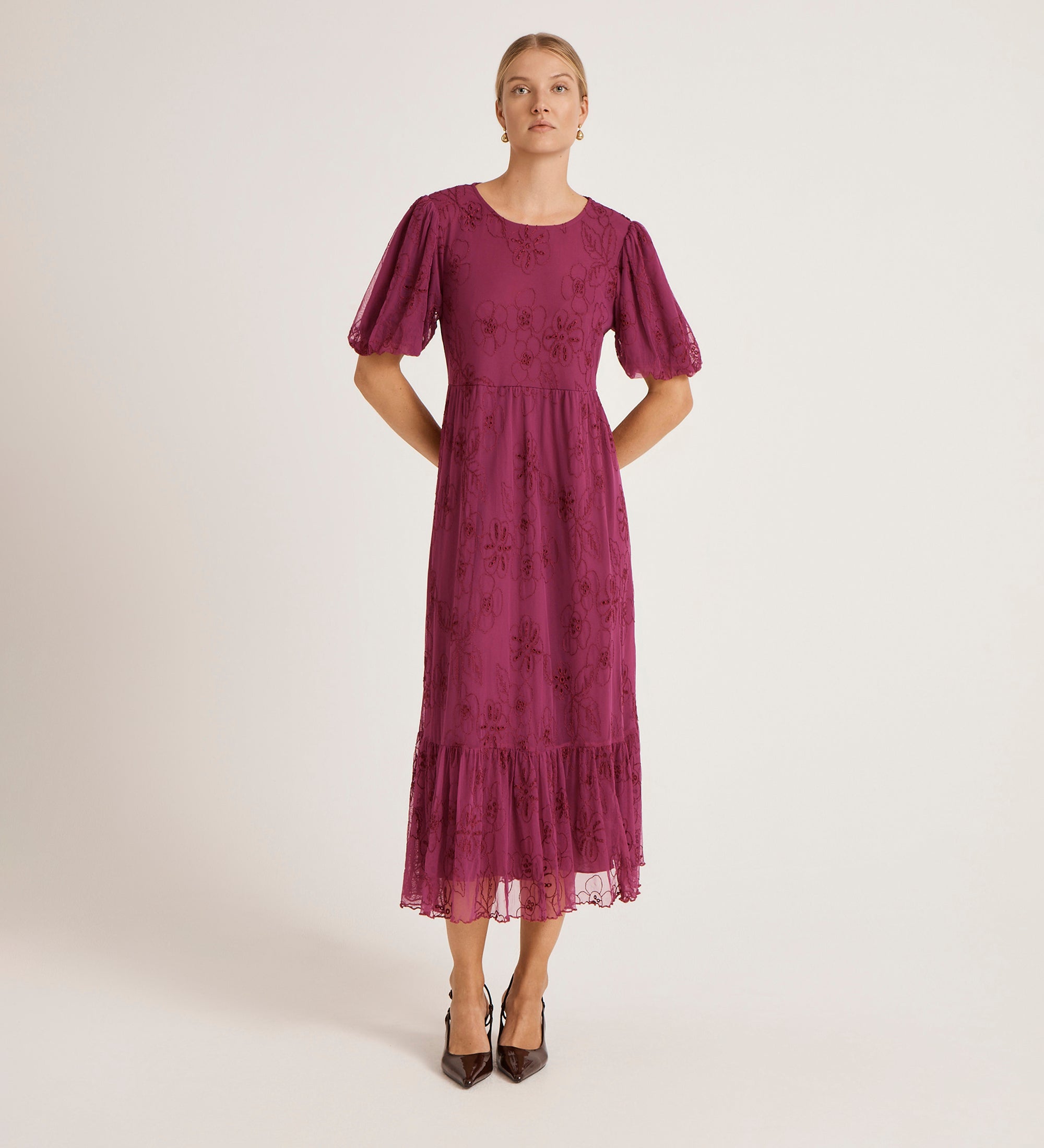Yasmine Purple Mesh Midi Tea Dress | Finery London